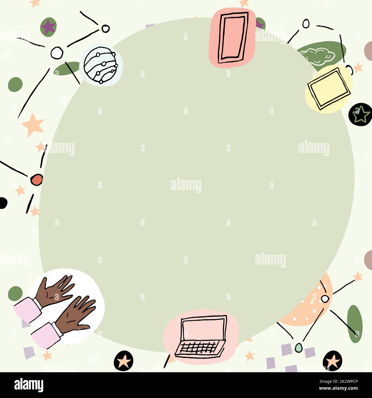 Blank poster decorated with modern technology symbols. Empty frame ...