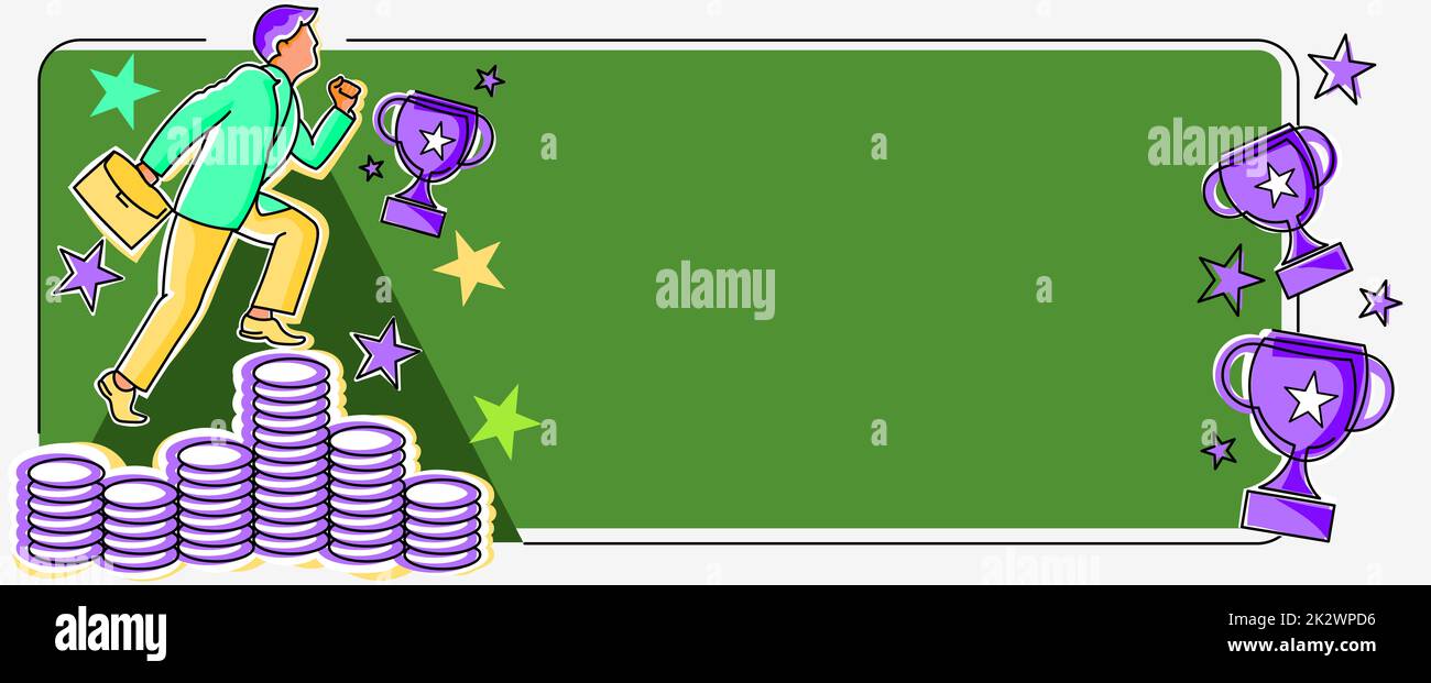 Businessman in suit climbing upwards money pile representing project ...