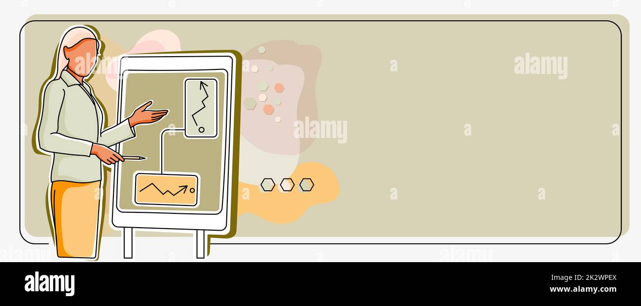 Lady in suit standing front backdrop holding presentation displaying ...