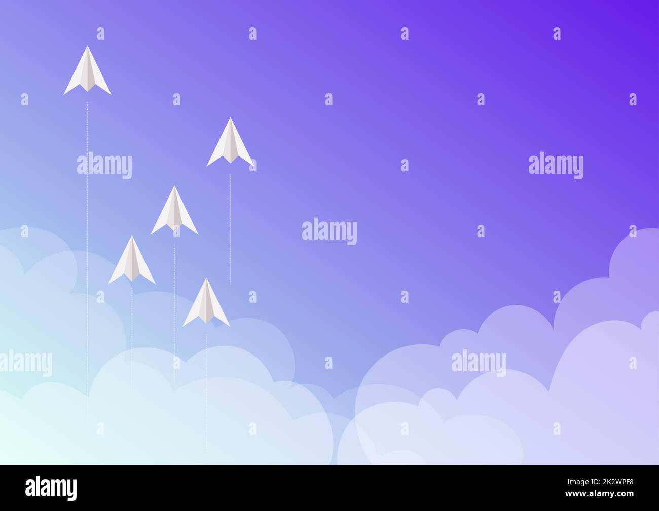 Five paper airplanes flying up sky surrounded with clouds representing ...