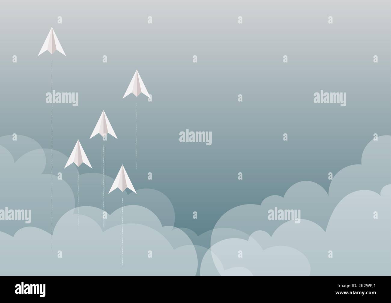 Five paper airplanes flying up sky surrounded with clouds representing ...