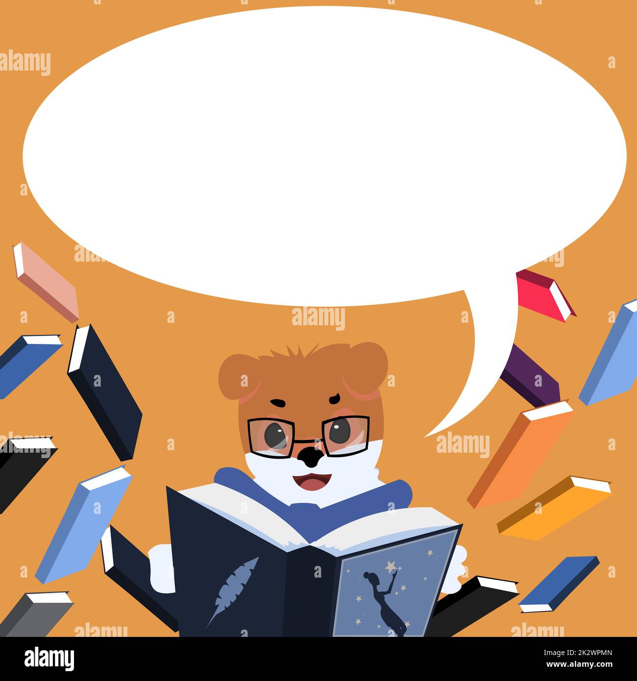 Fox With Glasses Sitting In Library Reading A Book Surrounded By Flying ...