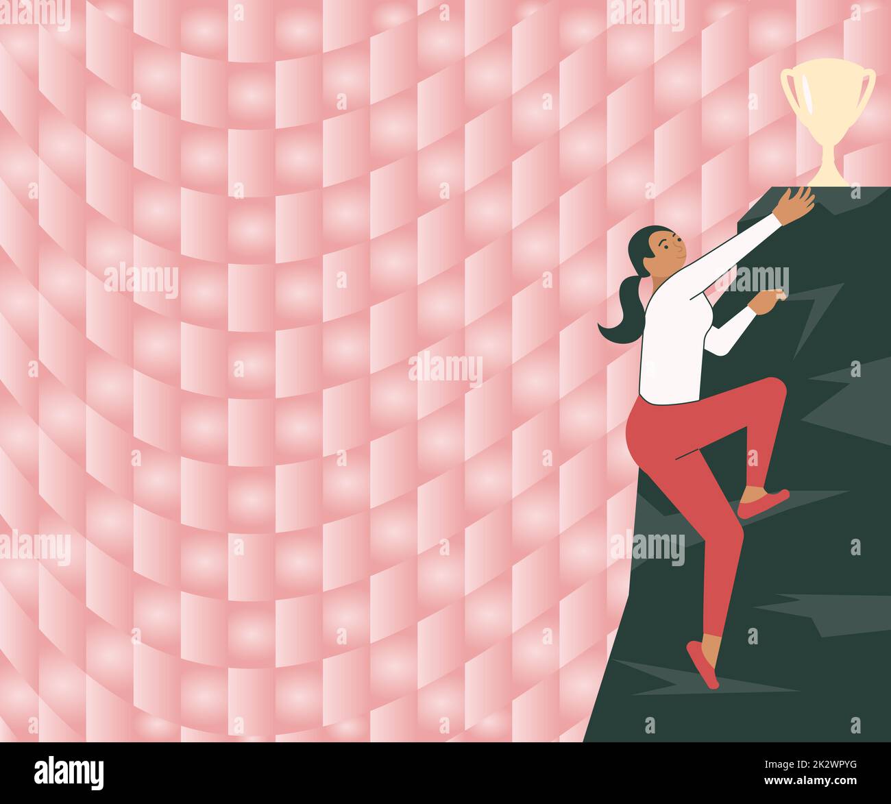 Woman Climbing Mountain Reaching Trophy Representing Successfully ...