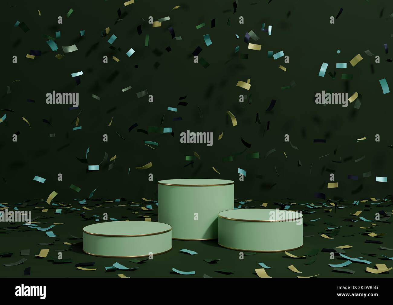 Dark, warm green 3D rendering product display three podiums stands with colorful confetti ...