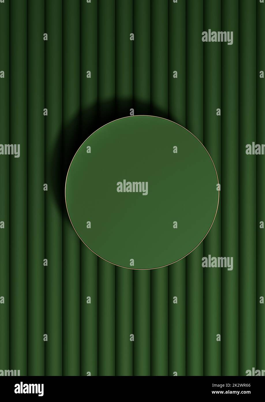 Dark, warm green 3D rendering of top view flat lay product display cylinder podium or stand ...