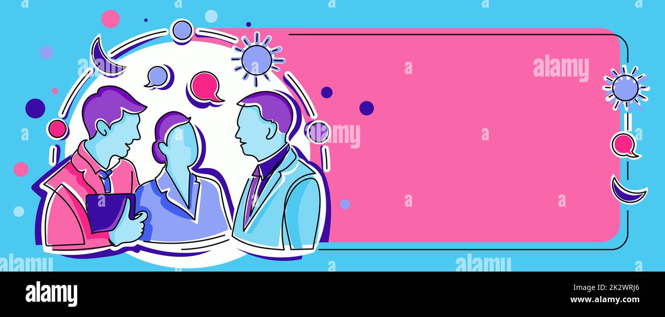 Three Colleagues Standing Sharing Thoughts Together With Speech Bubbles ...