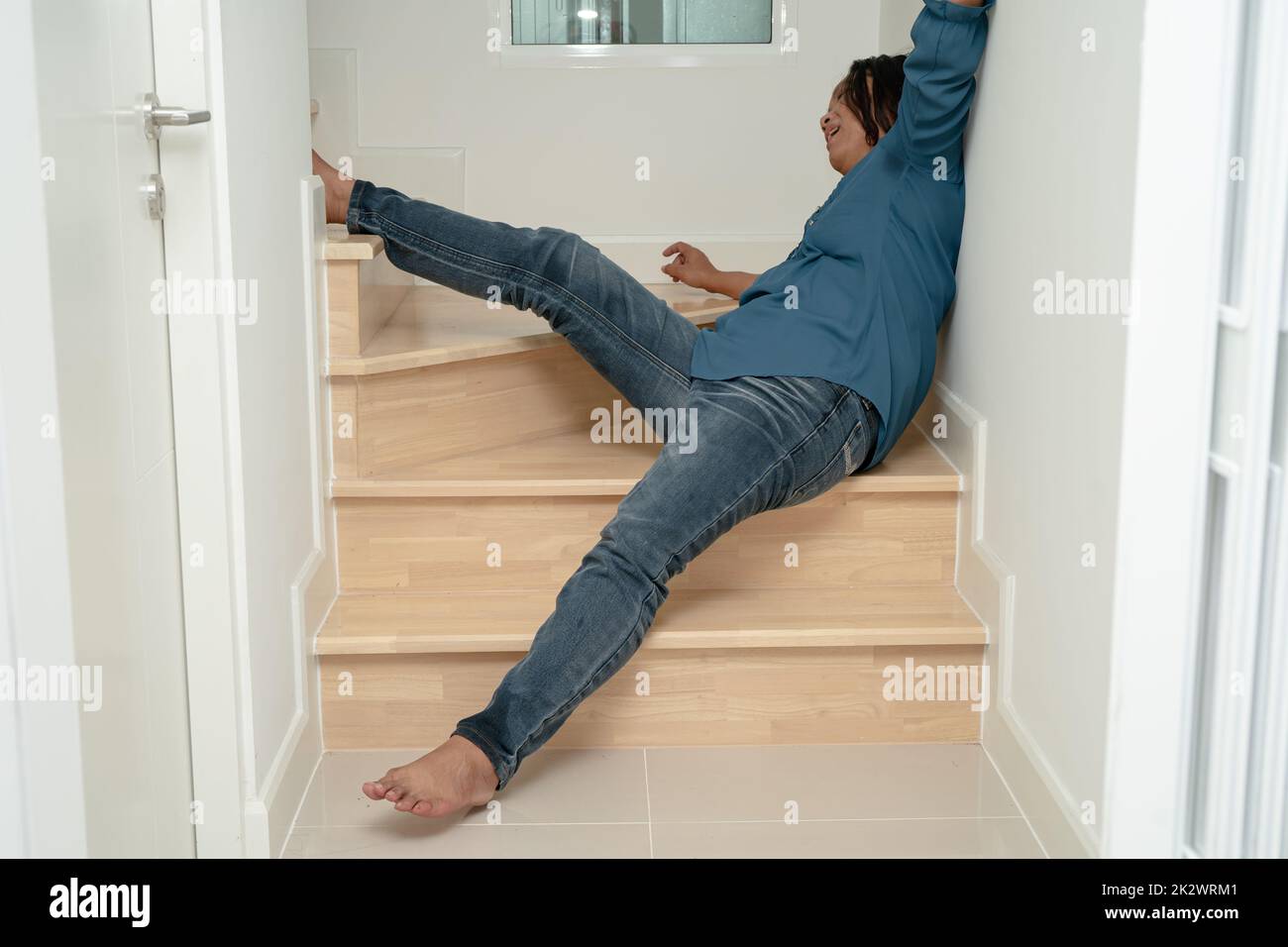 Asian lady woman patient fall down the stairs because slippery surfaces ...