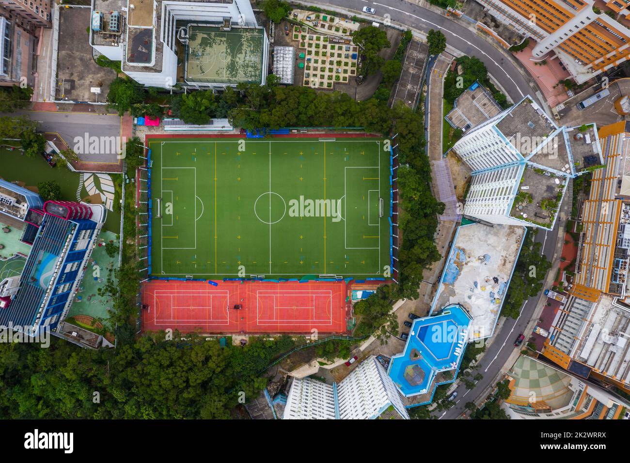 North Point, Hong Kong 01 June 2019: Top view of football court Stock ...
