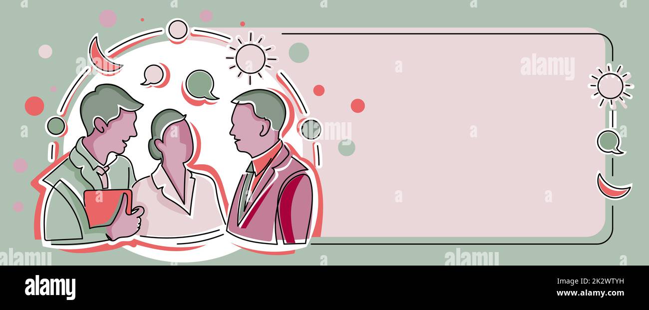 Three Colleagues Standing Sharing Thoughts Together With Speech Bubbles ...