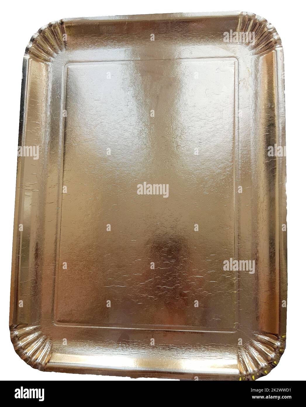 Top view of a shiny gold empty food tray isolated on a white background ...