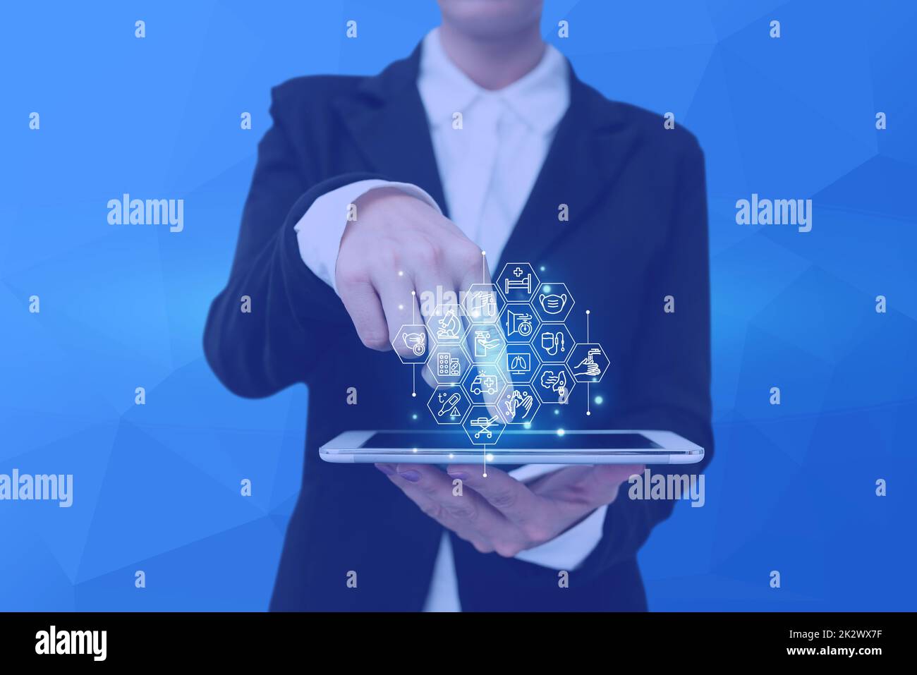 Lady Pressing Screen Of Mobile Phone Showing The Futuristic Technology ...