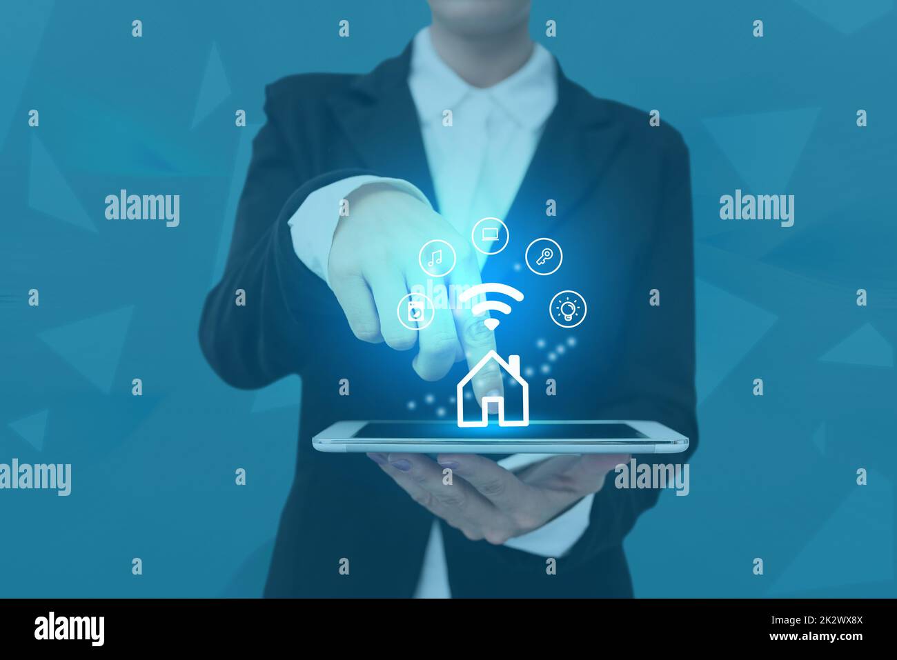 Lady Pressing Screen Of Mobile Phone Showing The Futuristic Technology ...