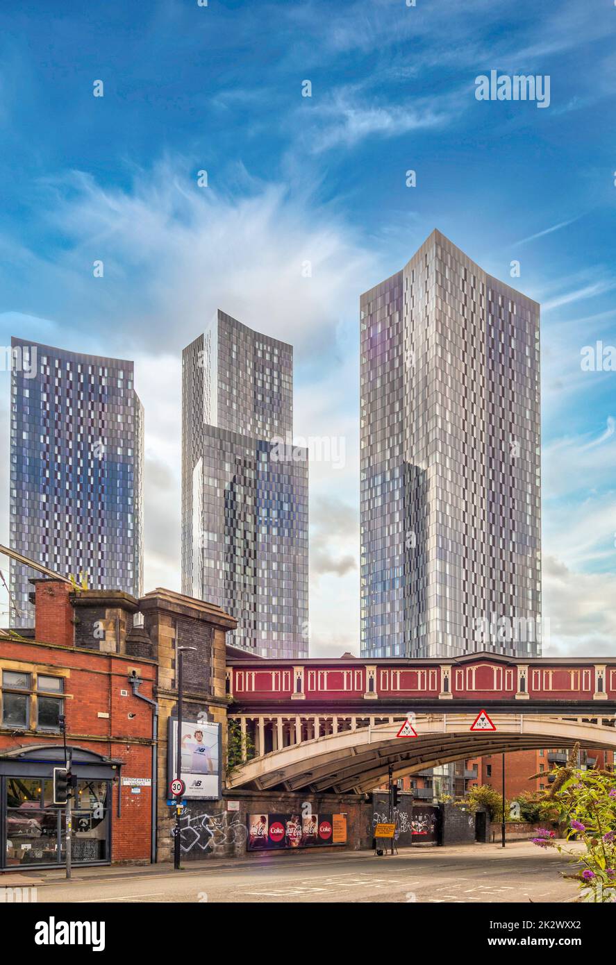 Bridgewater viaduct with the four towers of Deansgate Square in the ...