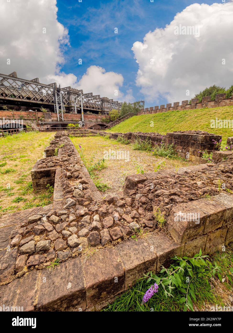 Remains of a Roman Granary with Castlefield Viaduct in the distance ...