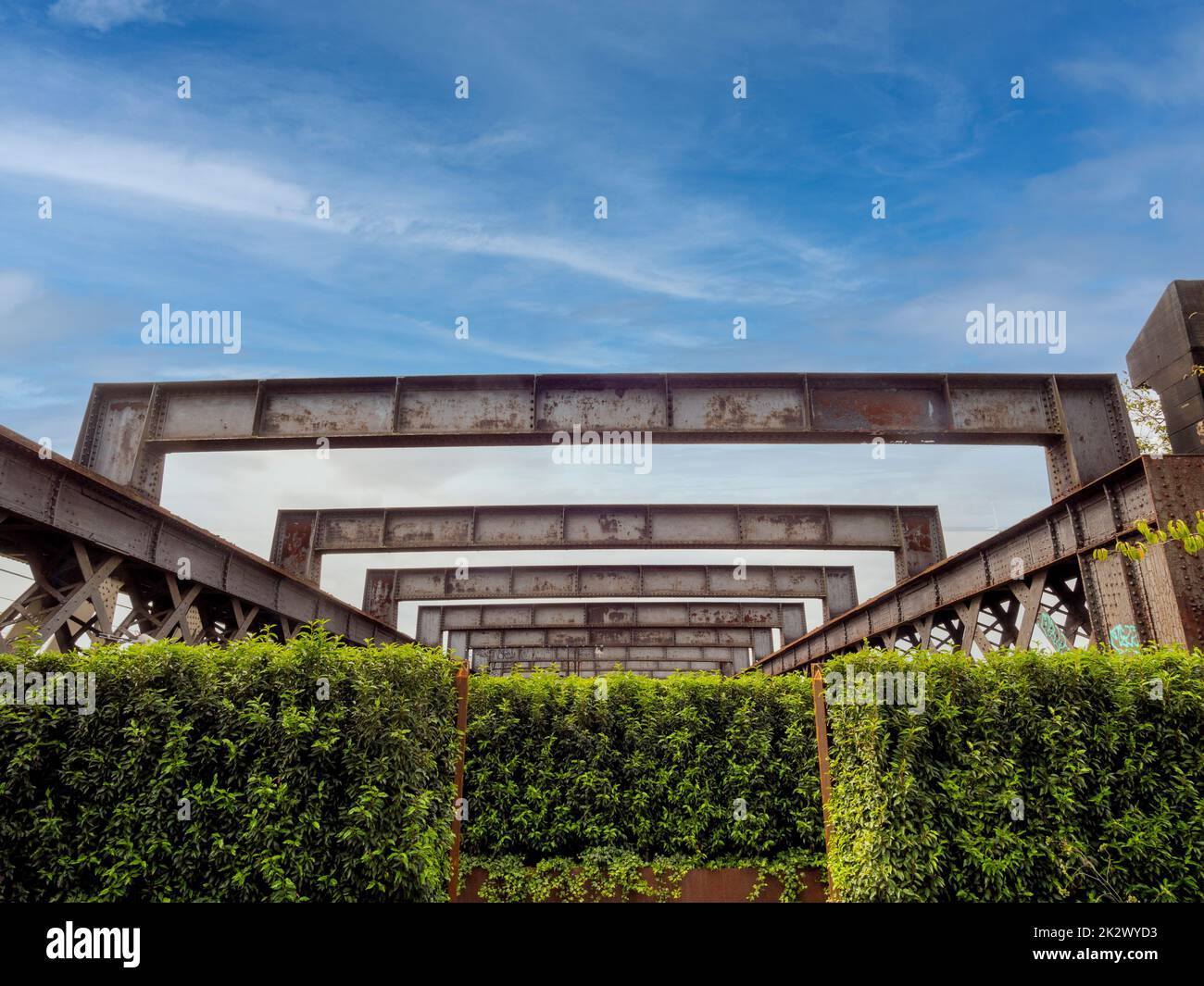 Riveted overhead beams of Castlefield Viaduct Sky Garden in Manchester ...