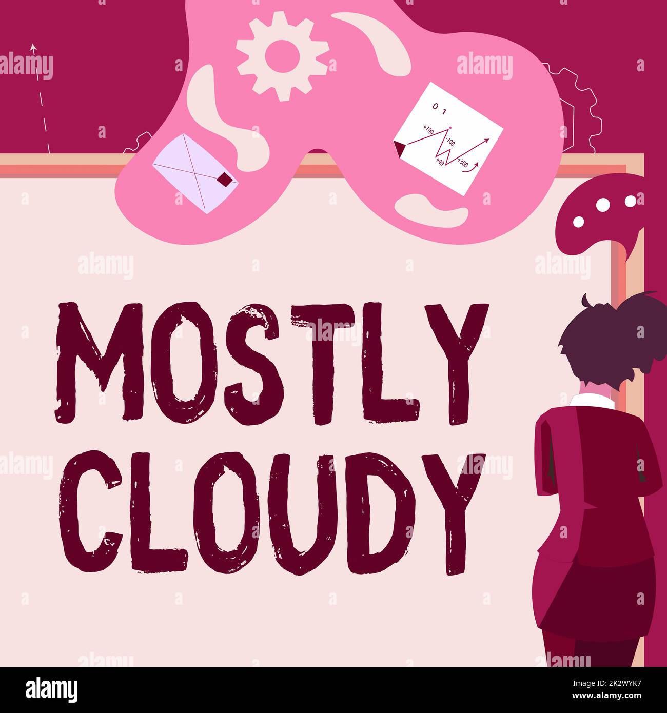 Text caption presenting Mostly Cloudy. Business overview Shadowy ...