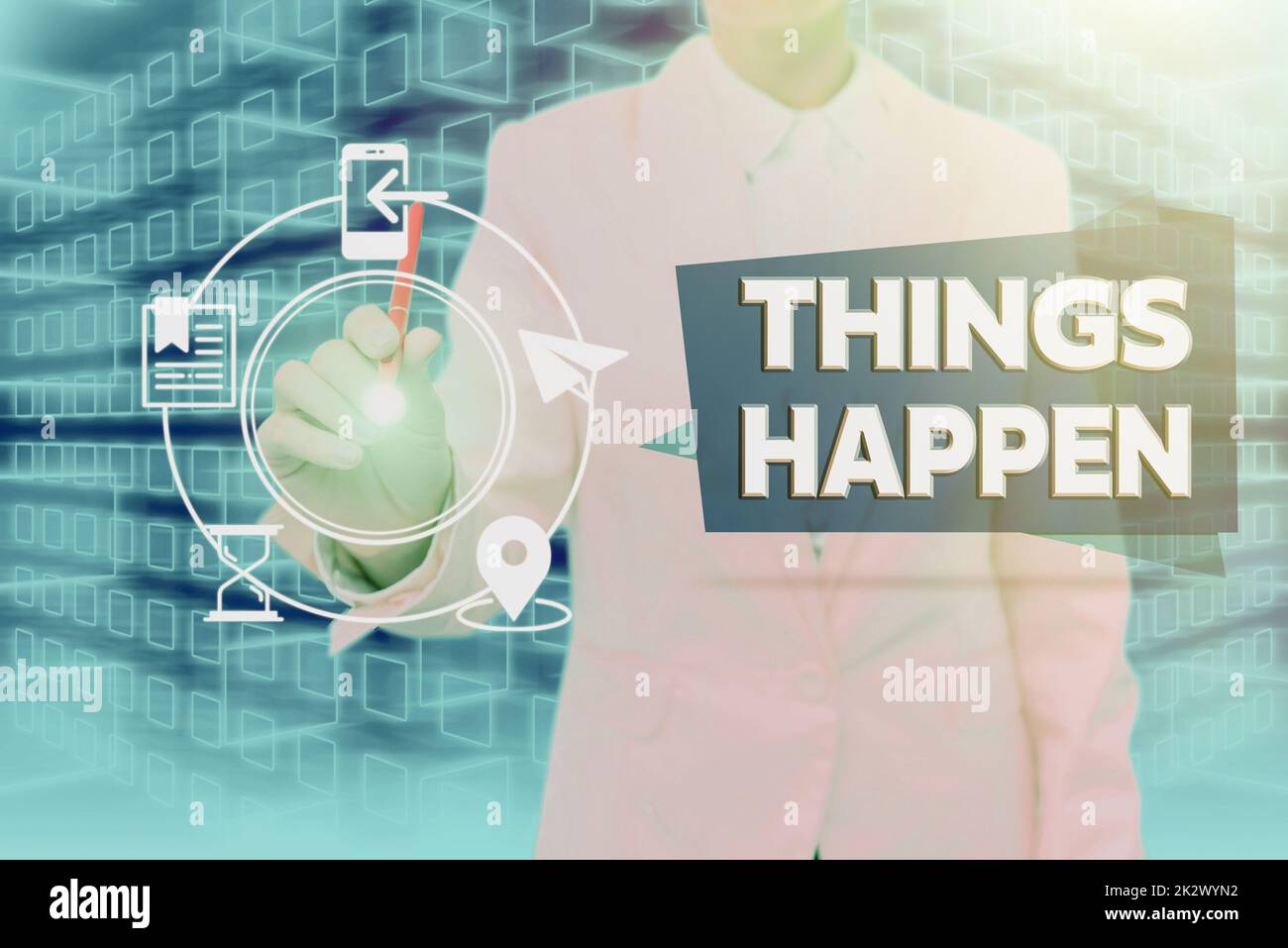 Hand writing sign Things Happen. Business idea Result of situation ...