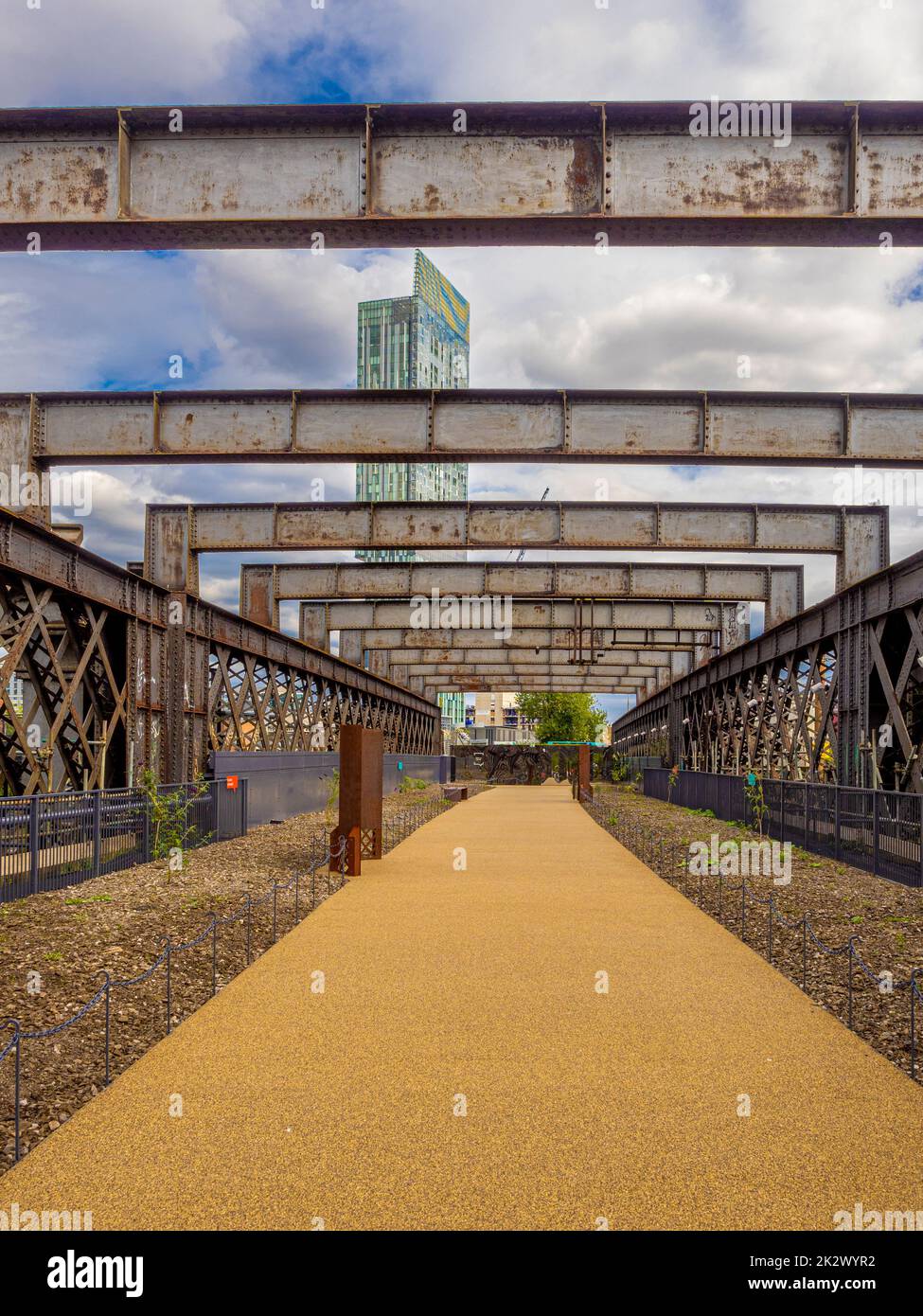 Castlefield Viaduct with Beetham Tower in the distance. Manchester ...