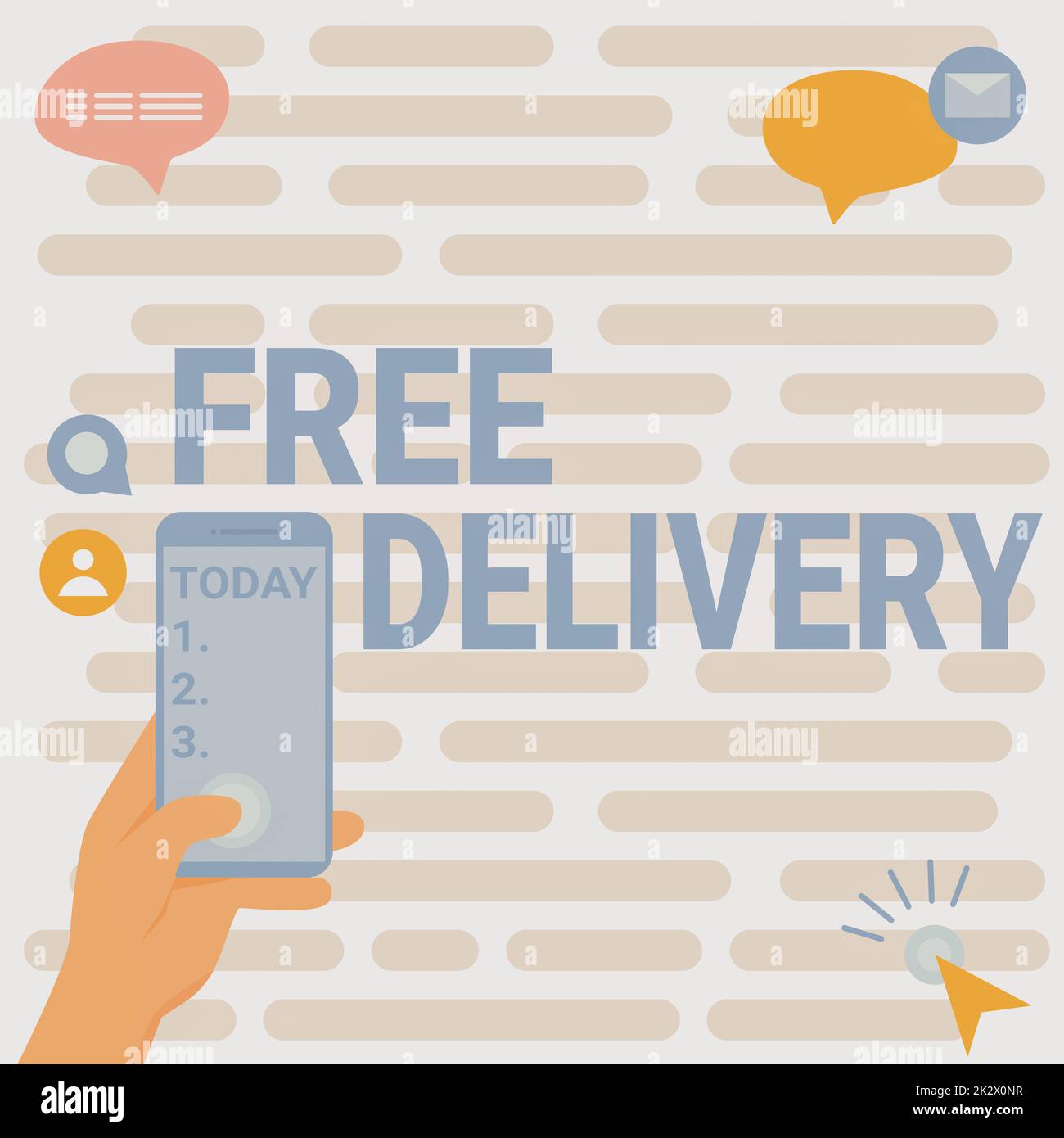 Sign displaying Free Delivery. Word Written on Shipping Package Cargo ...