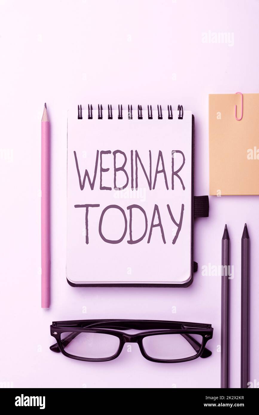 Hand writing sign Webinar Today. Word Written on live online ...