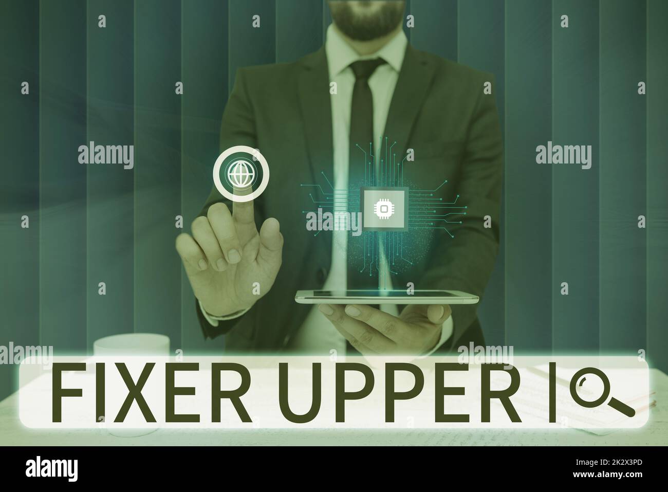 Text caption presenting Fixer Upper. Internet Concept house in need of ...
