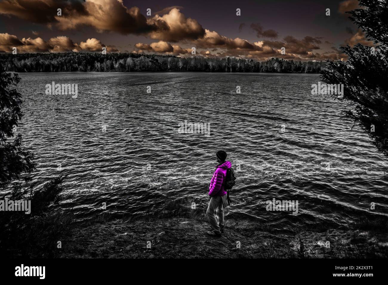 A solo hike on cold morning on AuSable River, Michigan Stock Photo - Alamy