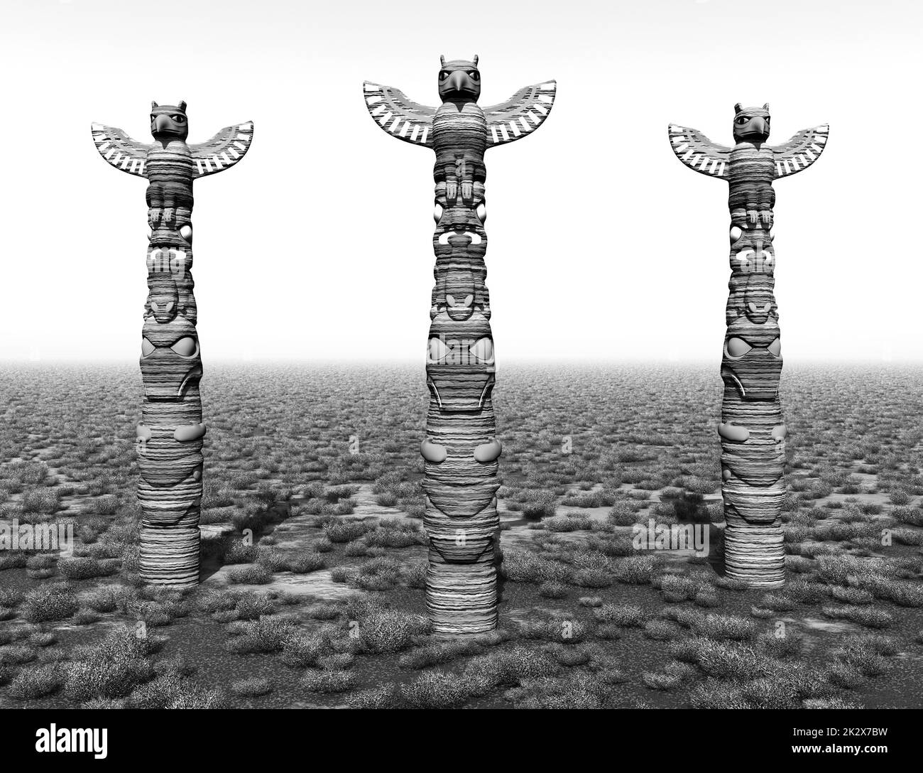 Three totem poles on the prairie in black and white Stock Photo - Alamy