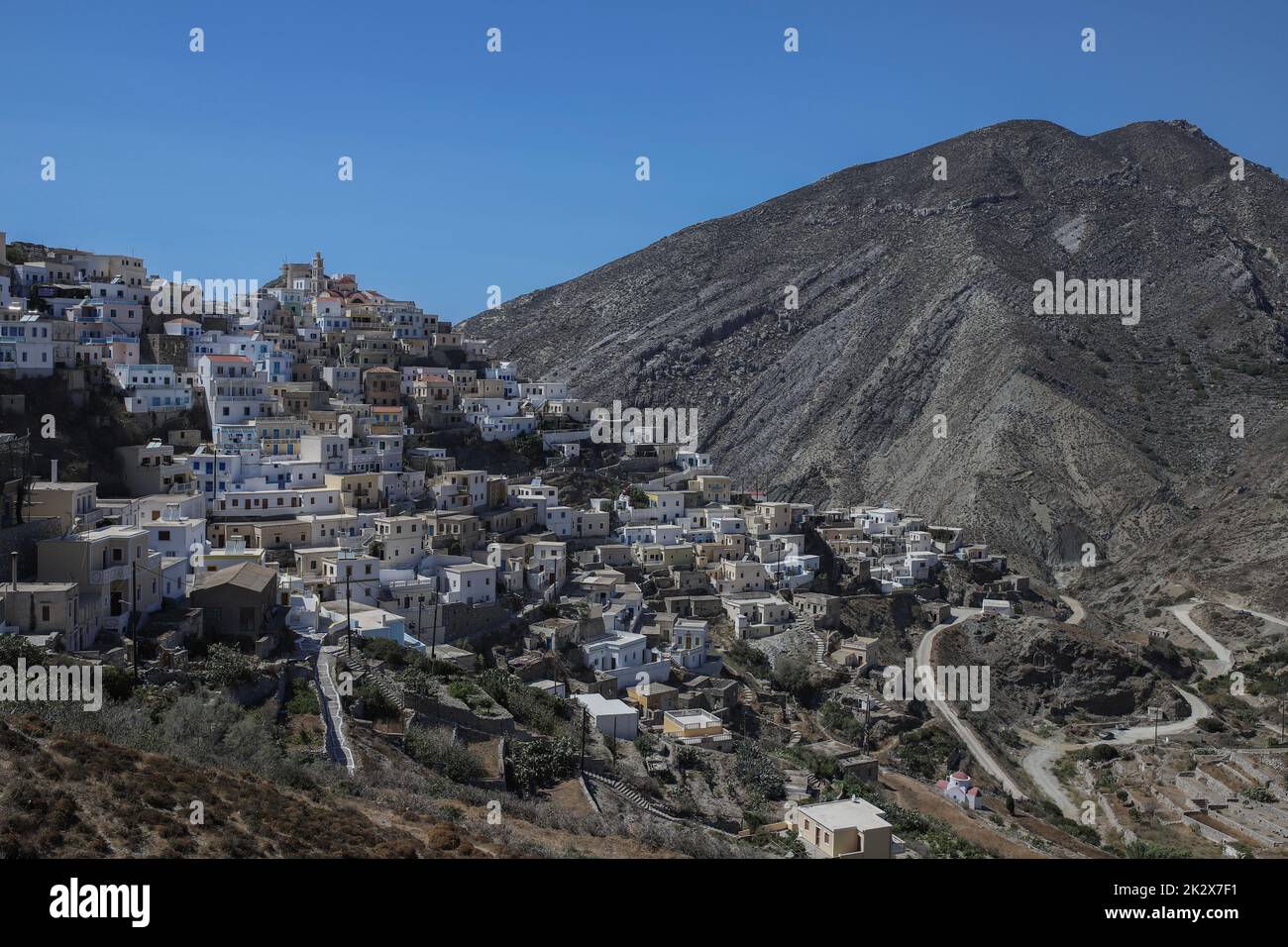 General view of the Olympos village in Karpathos Island. Karpathos is ...