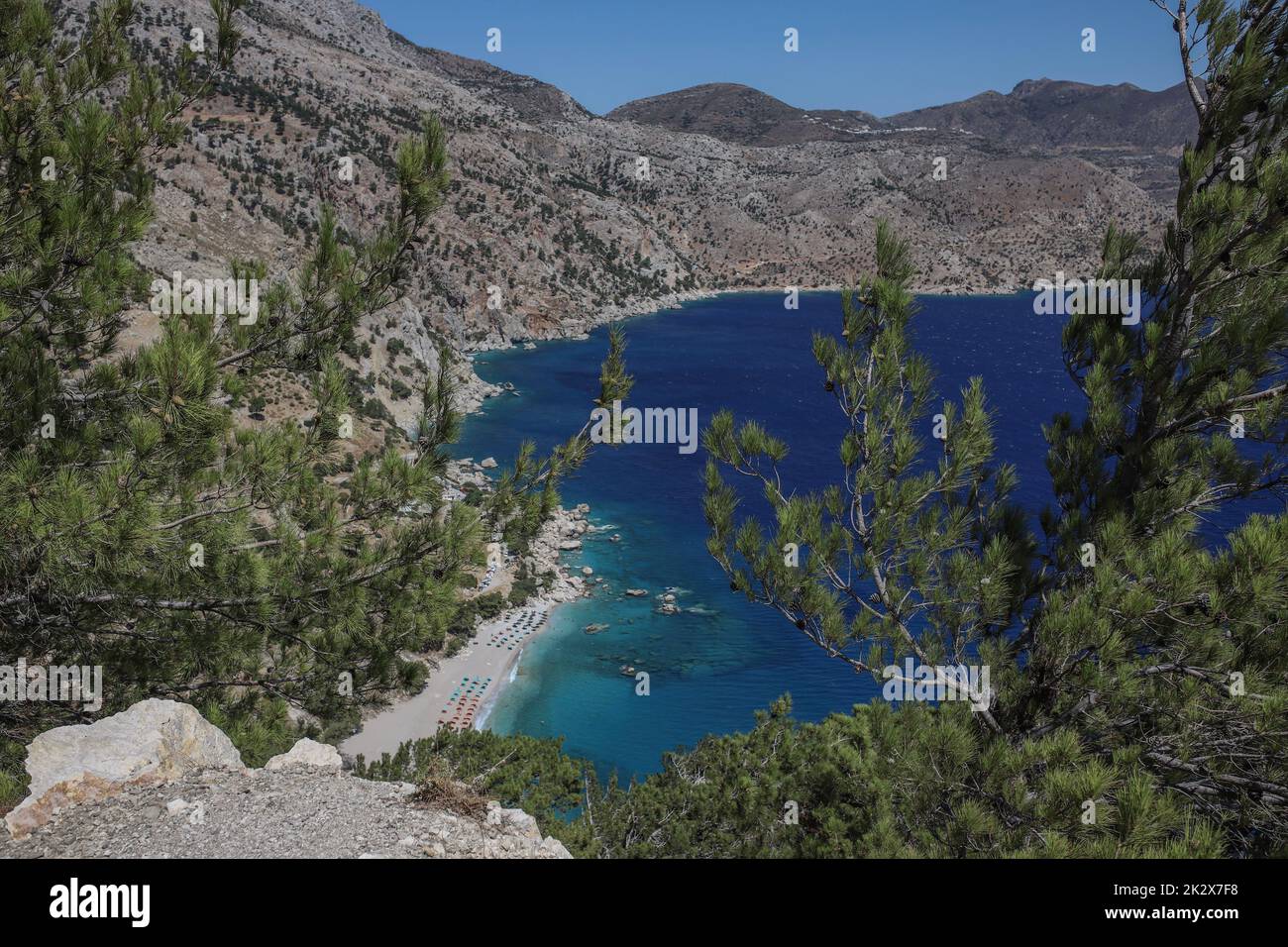 General view of Apella Beach in Karpathos Island. Karpathos is the ...