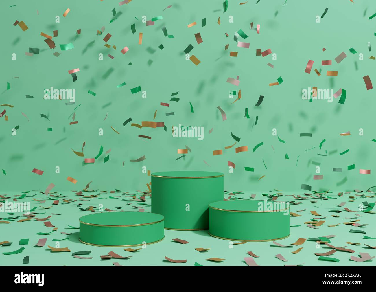 Bright turquoise green 3D rendering product display three podiums stands with colorful confetti ...