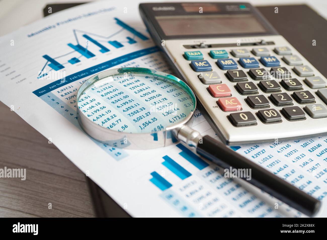 Calculator on chart and graph spreadsheet paper. Finance development ...