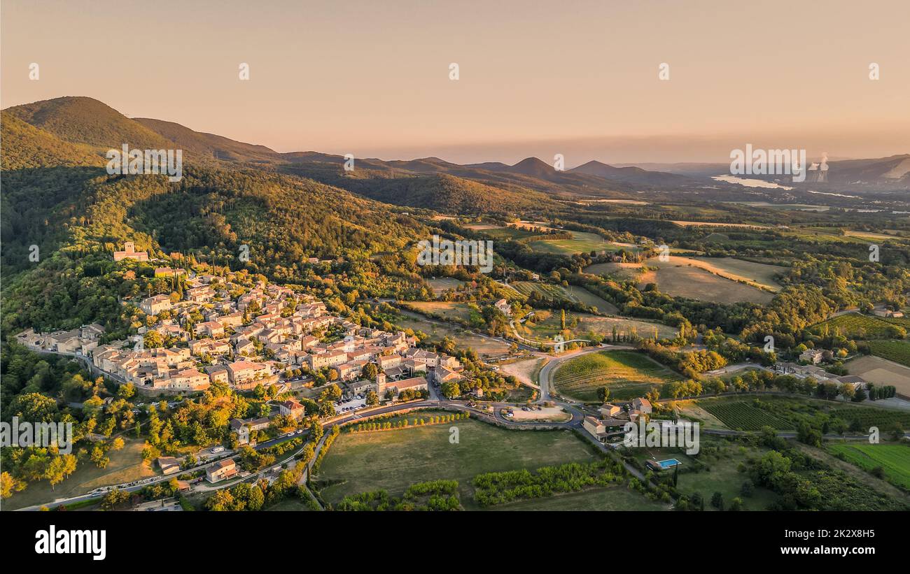 Panoramic drone view of Mirmande one of the most beautiful French towns ...