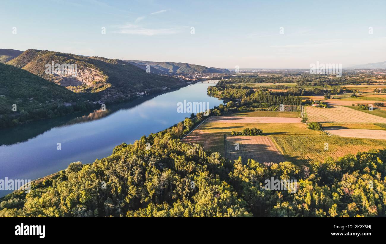 Aerial view of the Rhone River. In the vicinity of the town of Le ...