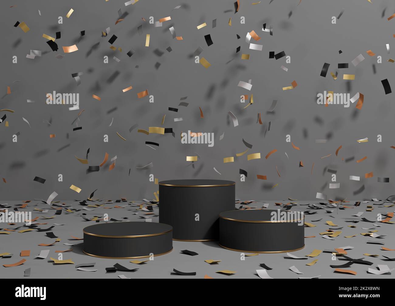 Dark graphite gray, black and white 3D rendering product display three podiums stands with ...