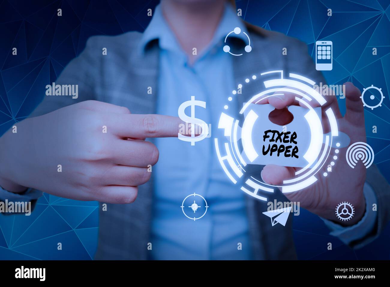 Conceptual caption Fixer Upper. Word Written on house in need of ...