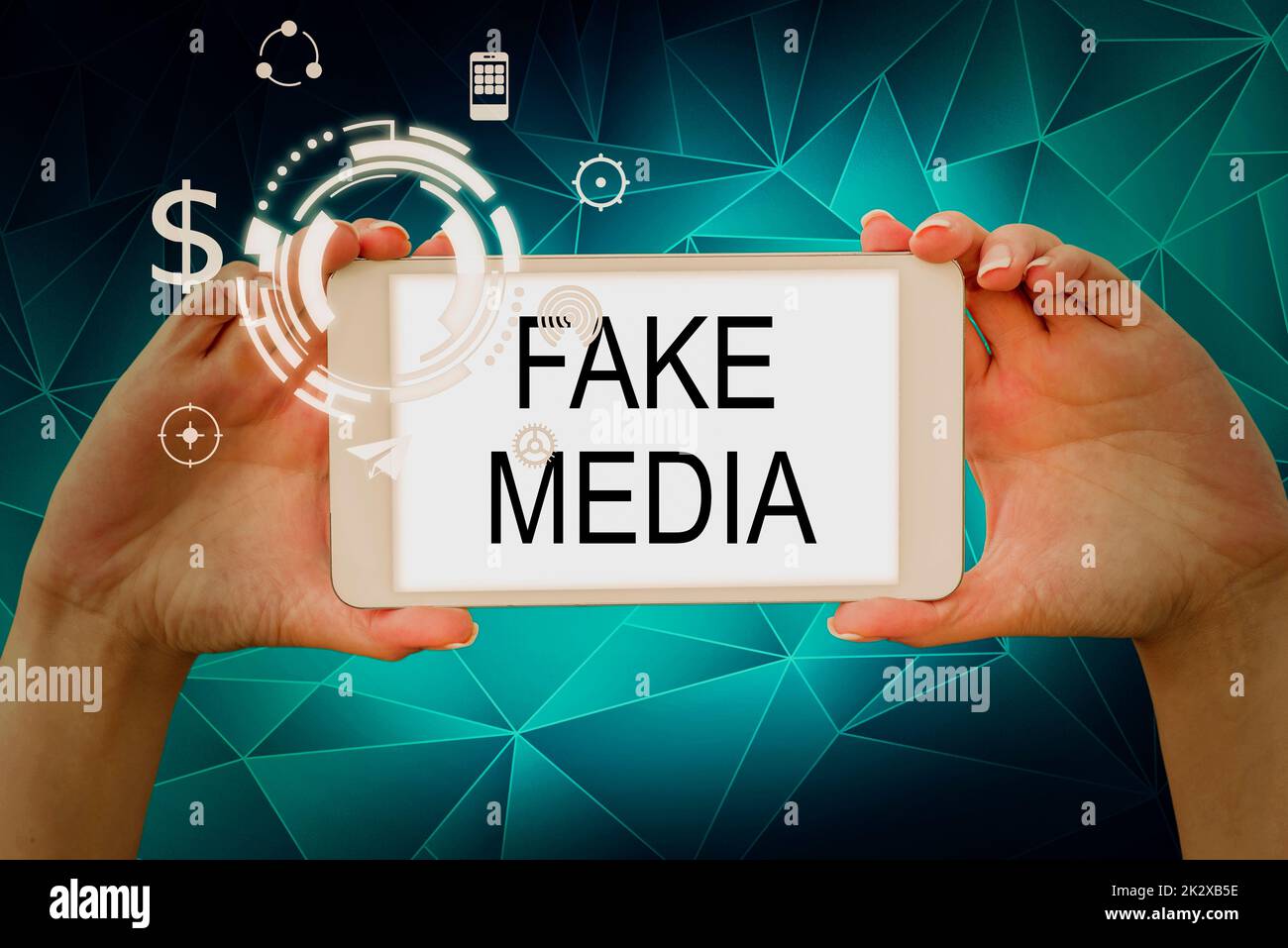 Text caption presenting Fake Media. Business overview An formation held ...
