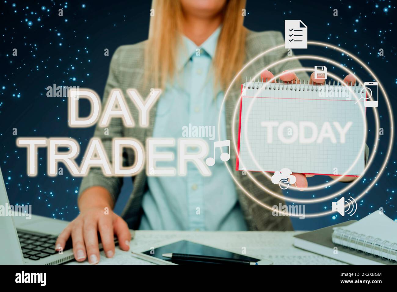 Text caption presenting Day Trader. Business overview A person that buy ...