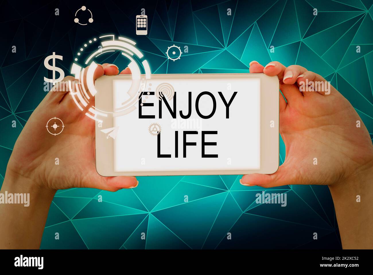 Hand writing sign Enjoy Life. Business idea Any thing, place,food or ...