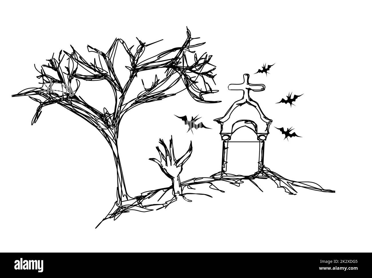 Zombies hand emerging out of the ground in a graveyard - doodles Stock ...