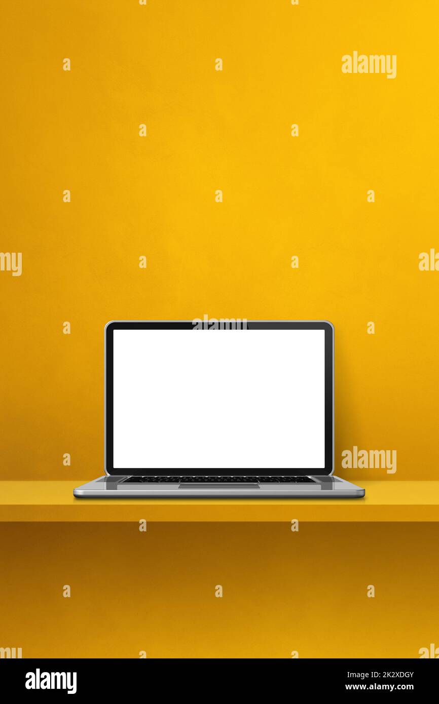 Laptop computer on yellow shelf. Vertical background Stock Photo - Alamy