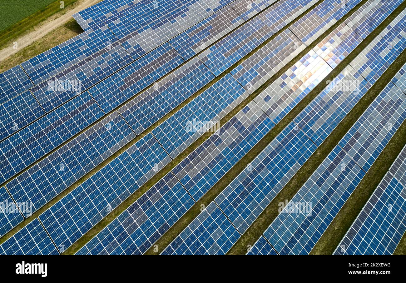 solar panel field at work with sun reflection Stock Photo - Alamy
