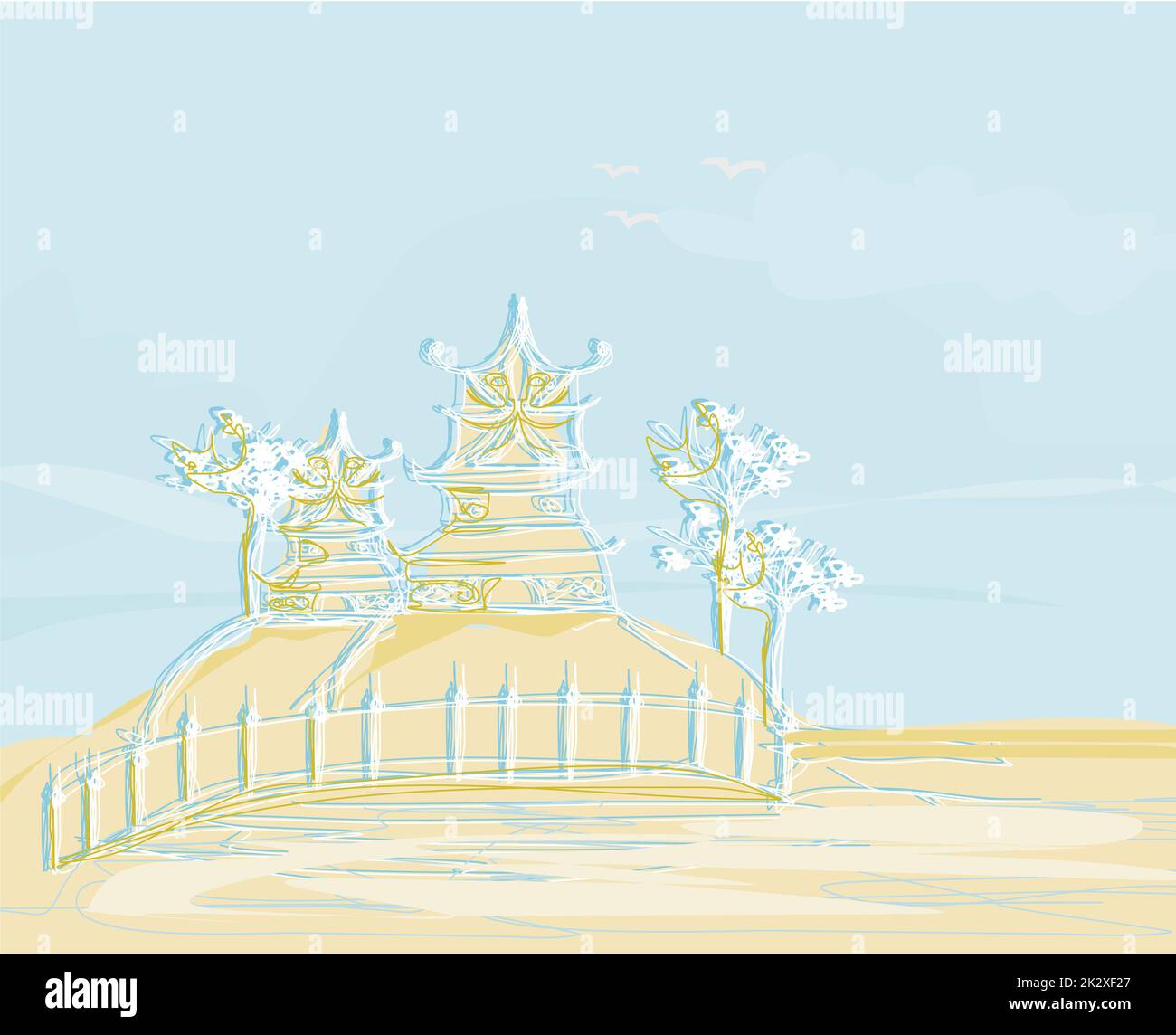 old paper with Japanese Temple on Asian Landscape Stock Photo - Alamy