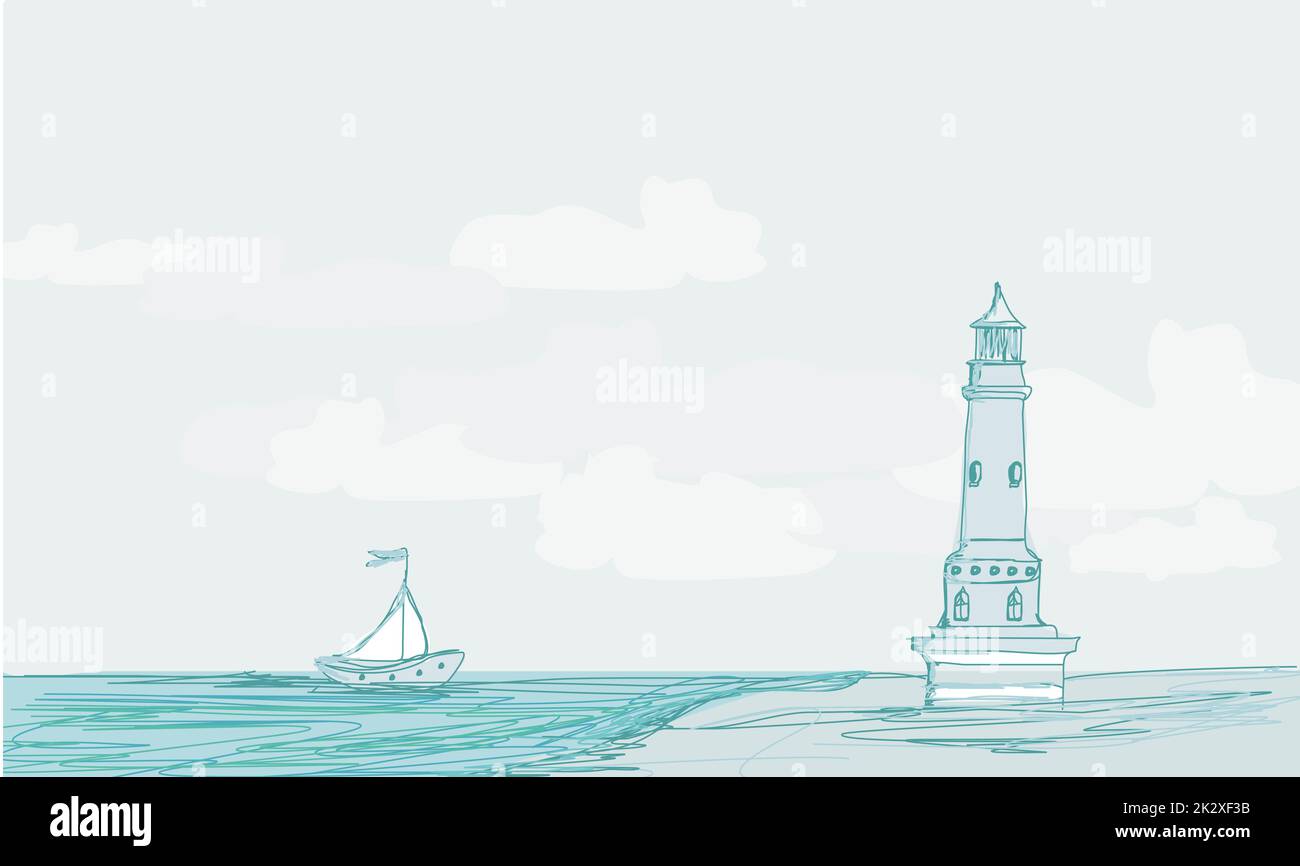 lighthouse seen from a tiny beach - doodles landscape Stock Photo - Alamy