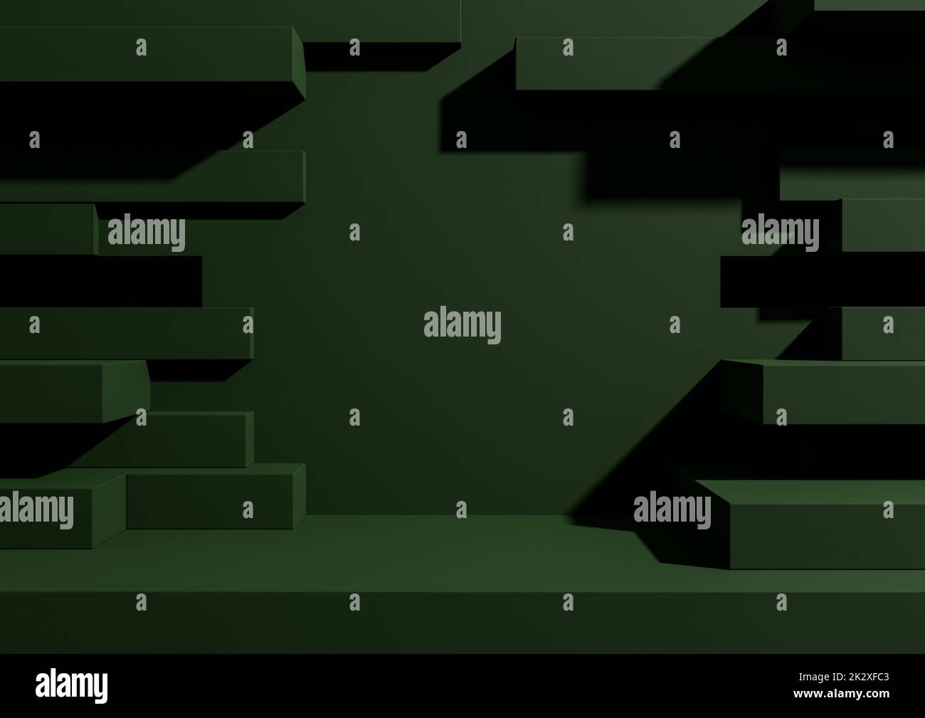 Dark, warm green 3D rendering product display podium or stand with abstract brick wall or portal ...