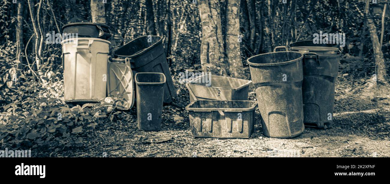 Trash waste garbage cans in the jungle in Mexico Stock Photo - Alamy
