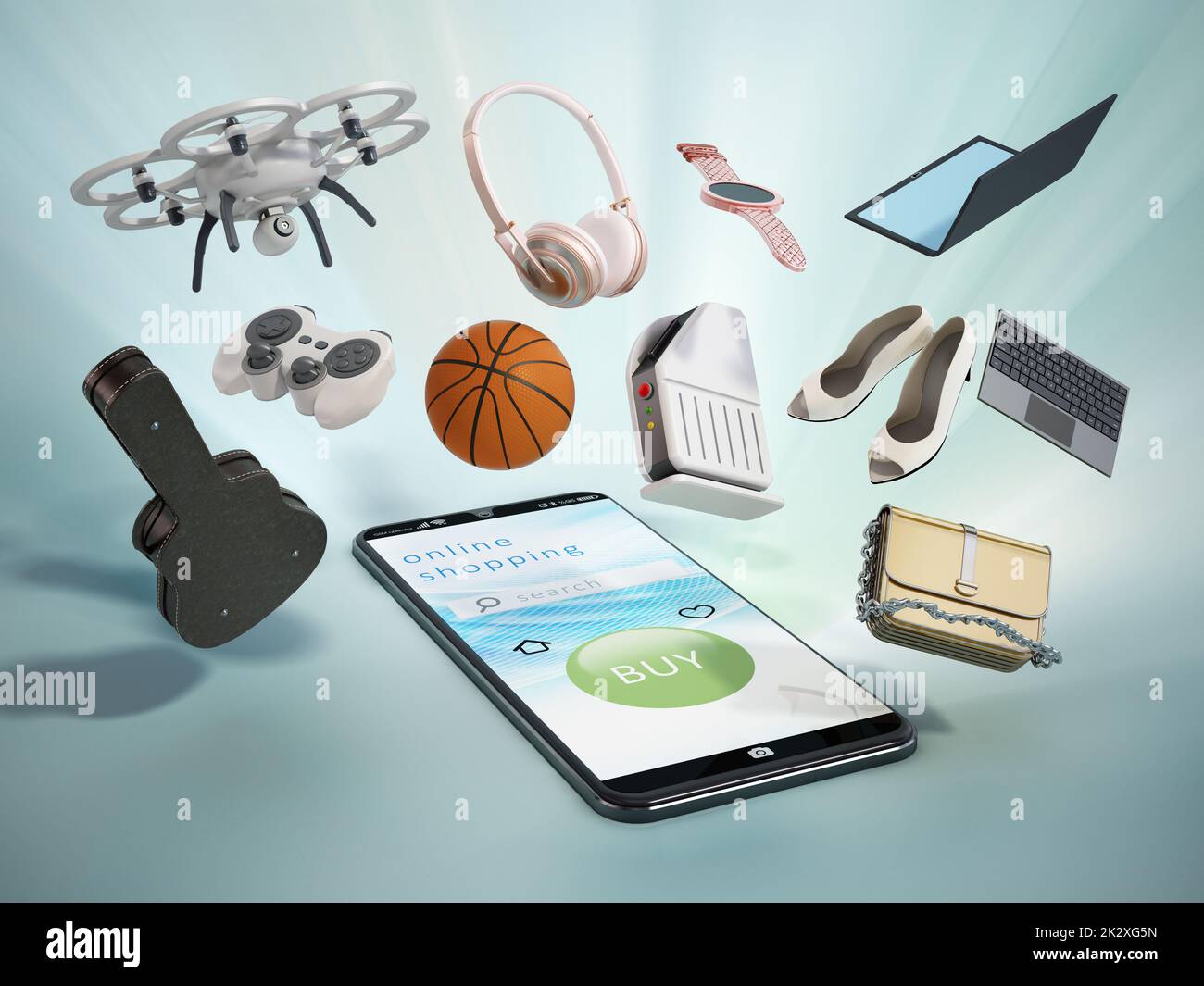 Smartphone with online shopping interface and objects floating in the ...