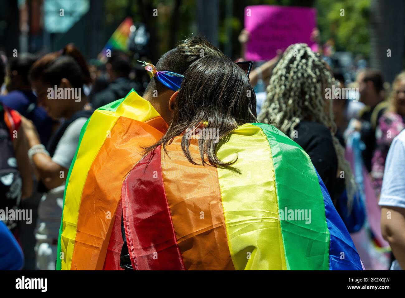 A closeup of people wearing pride flags during pride month Stock Photo ...