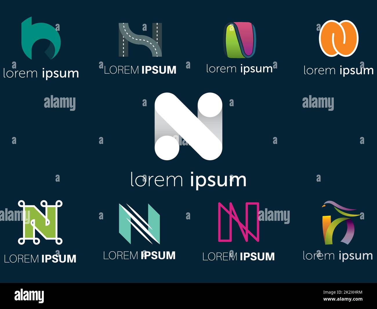 A digital illustration set of various fonts for a N letter logo design ...