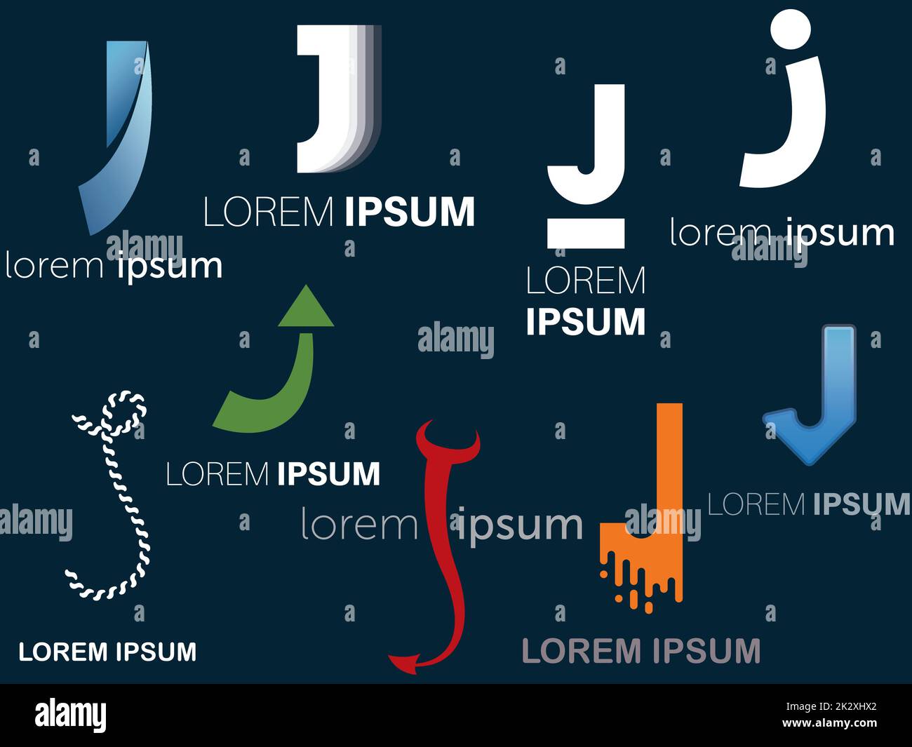 A digital illustration set of various fonts for a J letter logo design ...