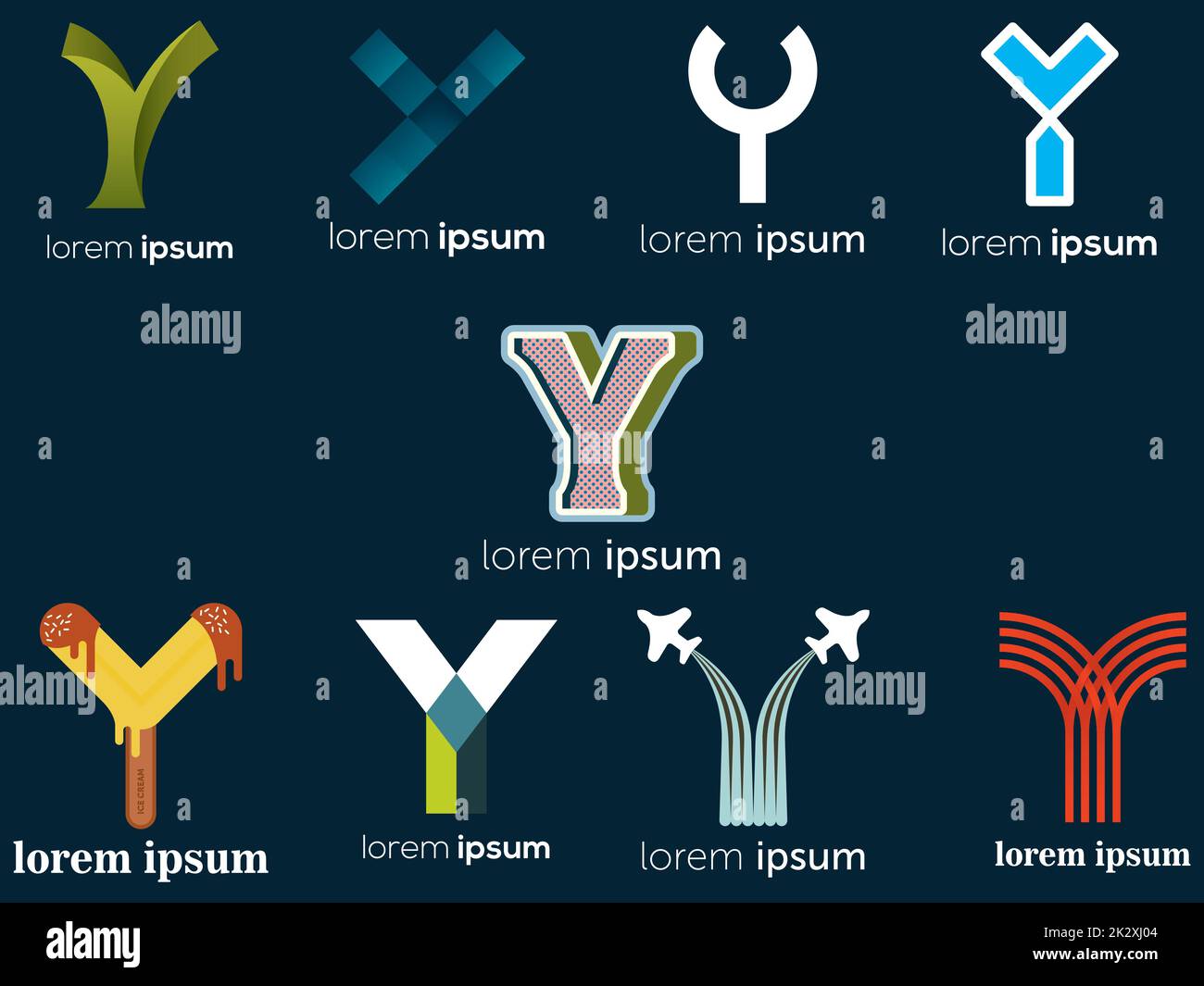 A digital illustration set of various fonts for a Y letter logo design ...